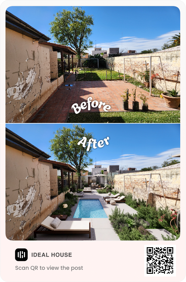 a backyard with pool next to a tan building and trees